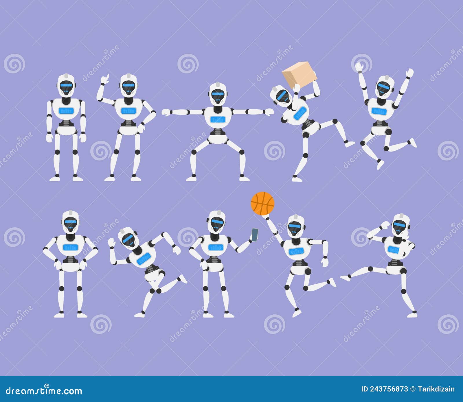 Robot Humanoid in Various Poses Set Stock Vector - Illustration of ...