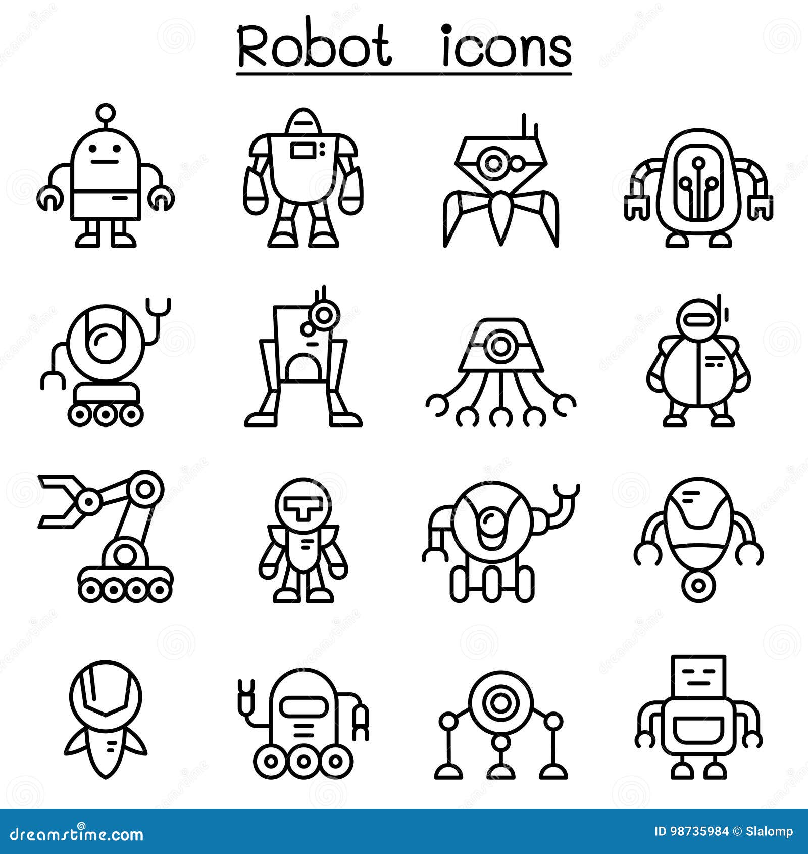 Robot Icon Set in Thin Line Style Stock Vector - Illustration of ...