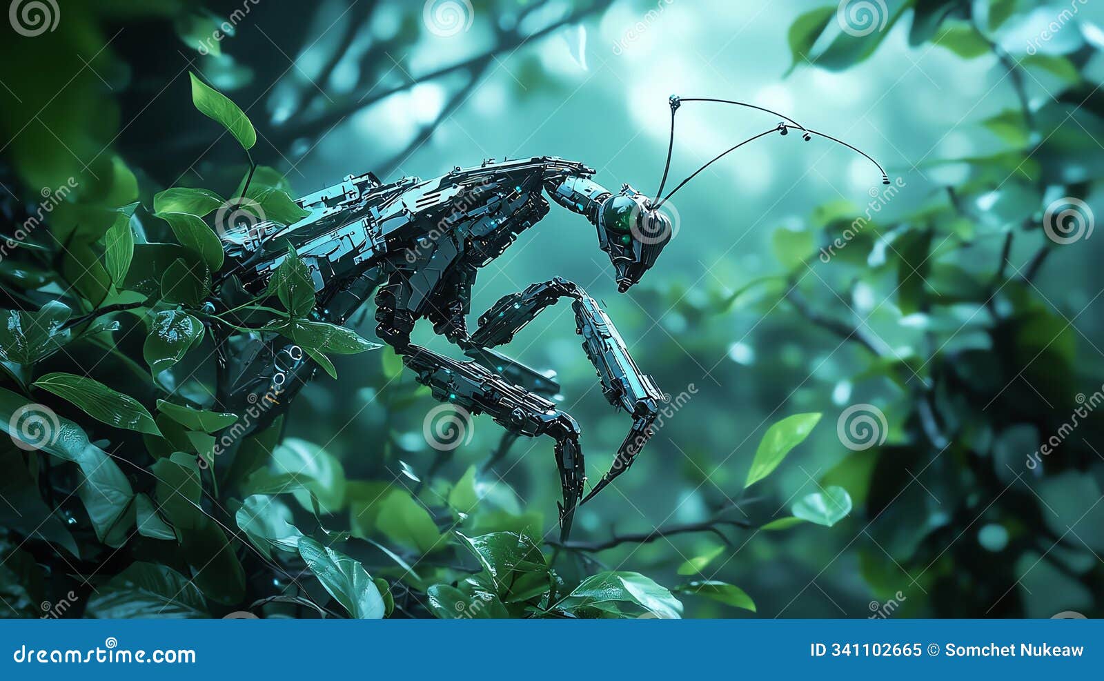 Robot Insect Blending into Lush Green Foliage Stock Illustration ...