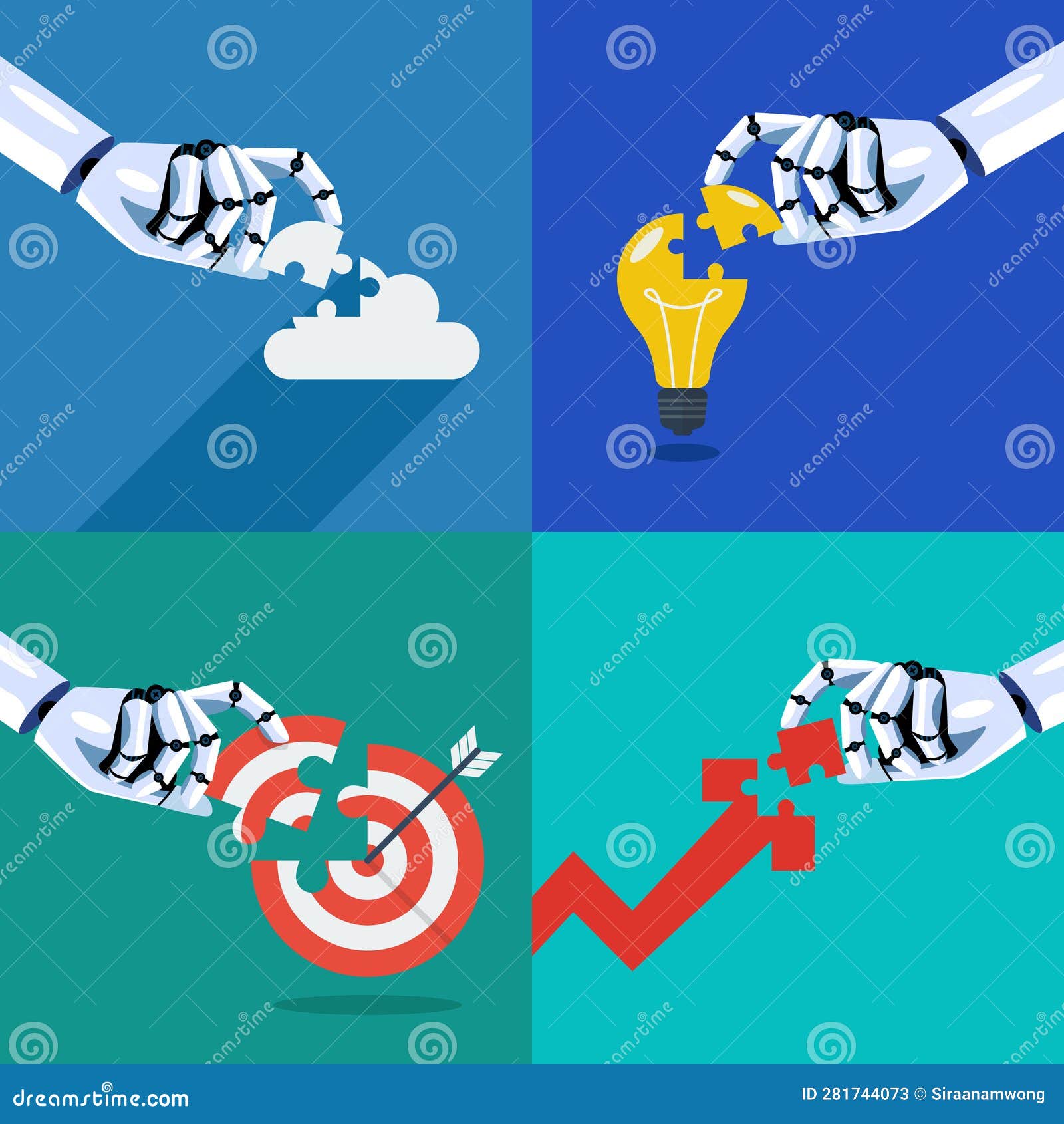 Robot Inserts the Missing Puzzle in Different Objects Stock Vector ... Robot Inserts the Missing Puzzle in Different Objects Stock Vector ...