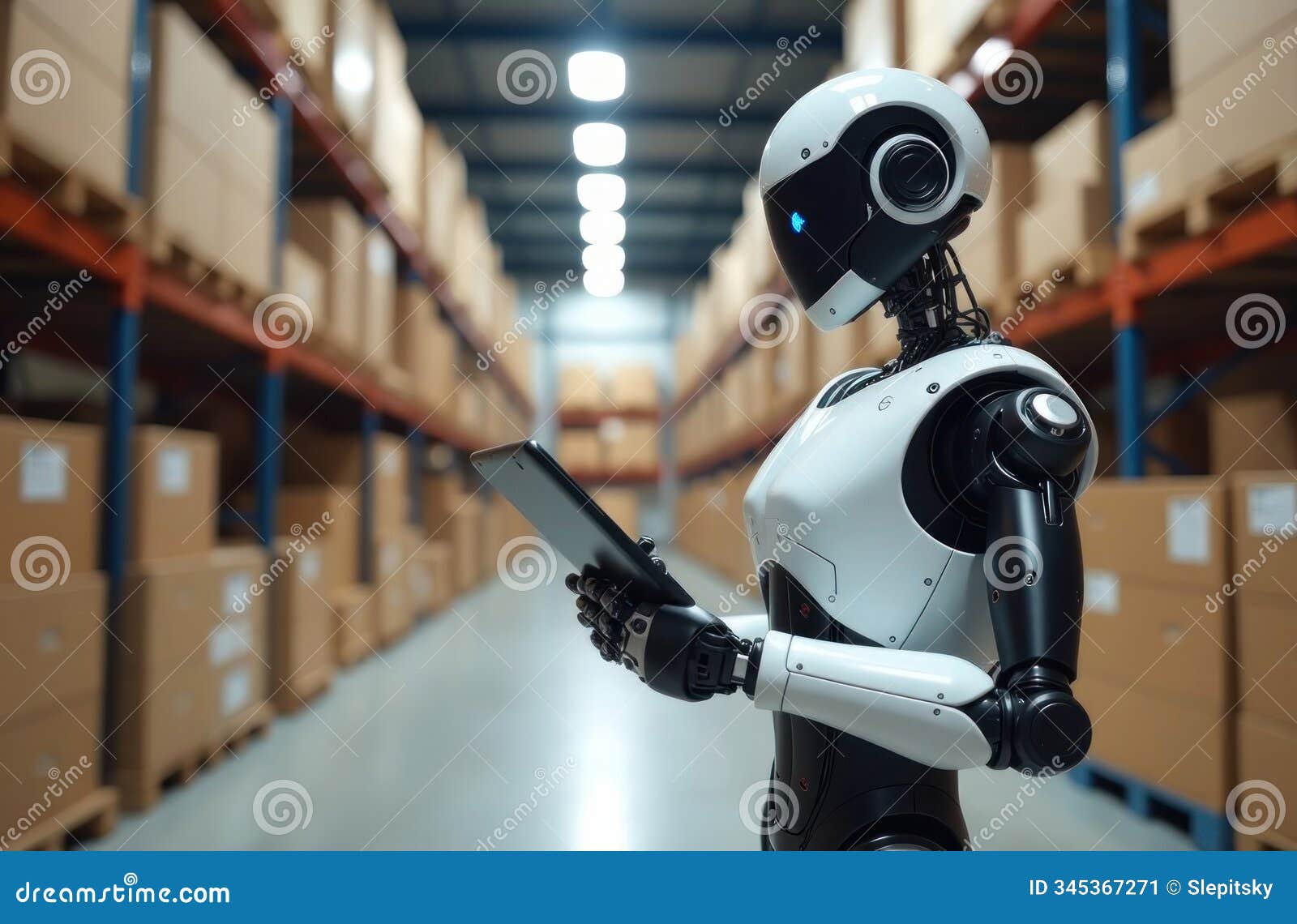 The Robot Inspects Boxes while Using a Tablet To Manage Warehouse ...
