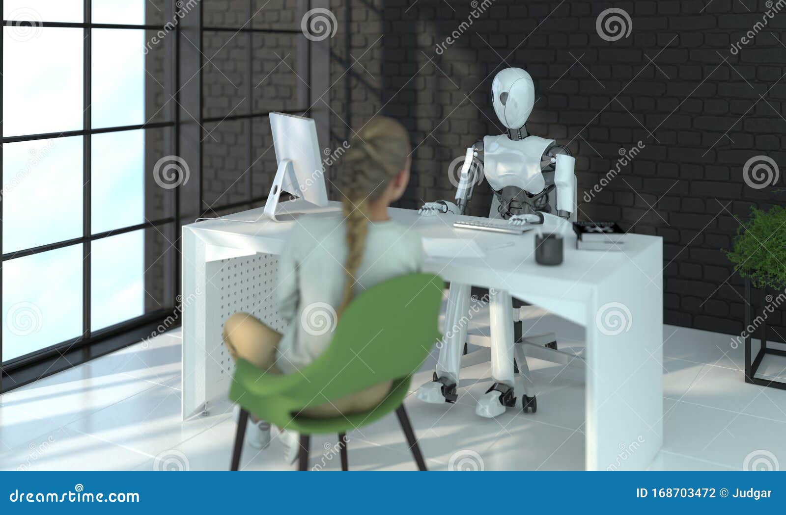 The Robot is Interviewing a Woman in a Modern Office. Human ...