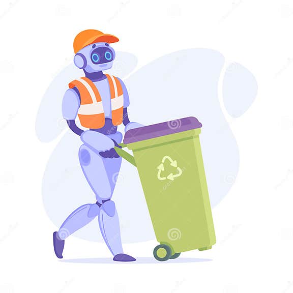 Robot Janitorial Worker Push Dustbin As Smart Android Assistant Machine ...