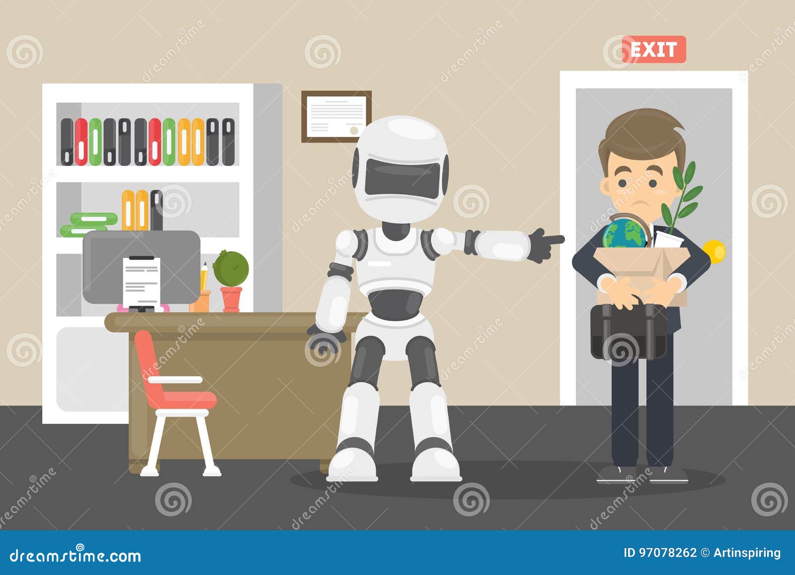 Robot kicked human away. stock vector. Illustration of machine - 97078262