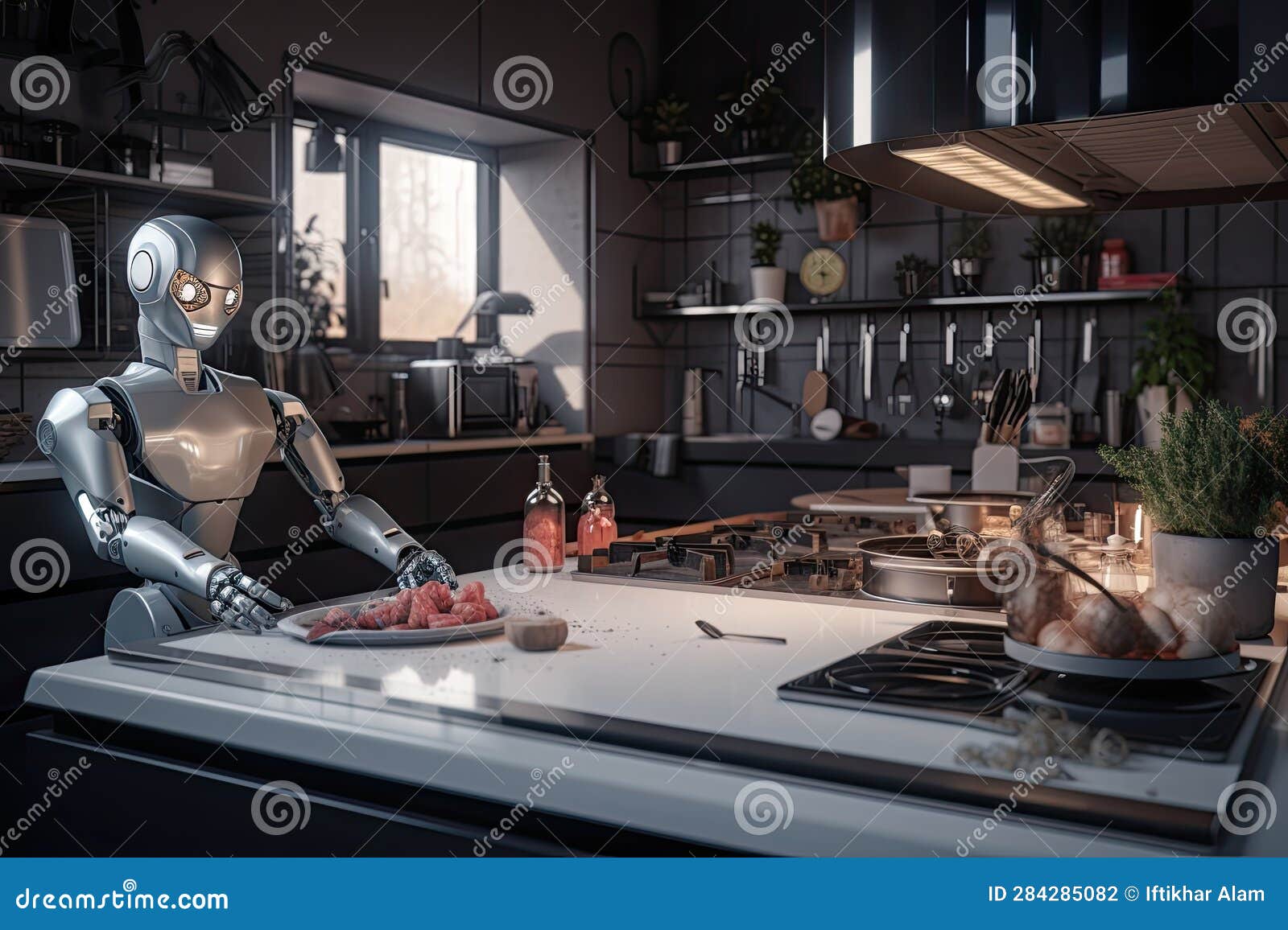Robot in the Kitchen. 3d Rendering. Robot and Food Stock Illustration ...