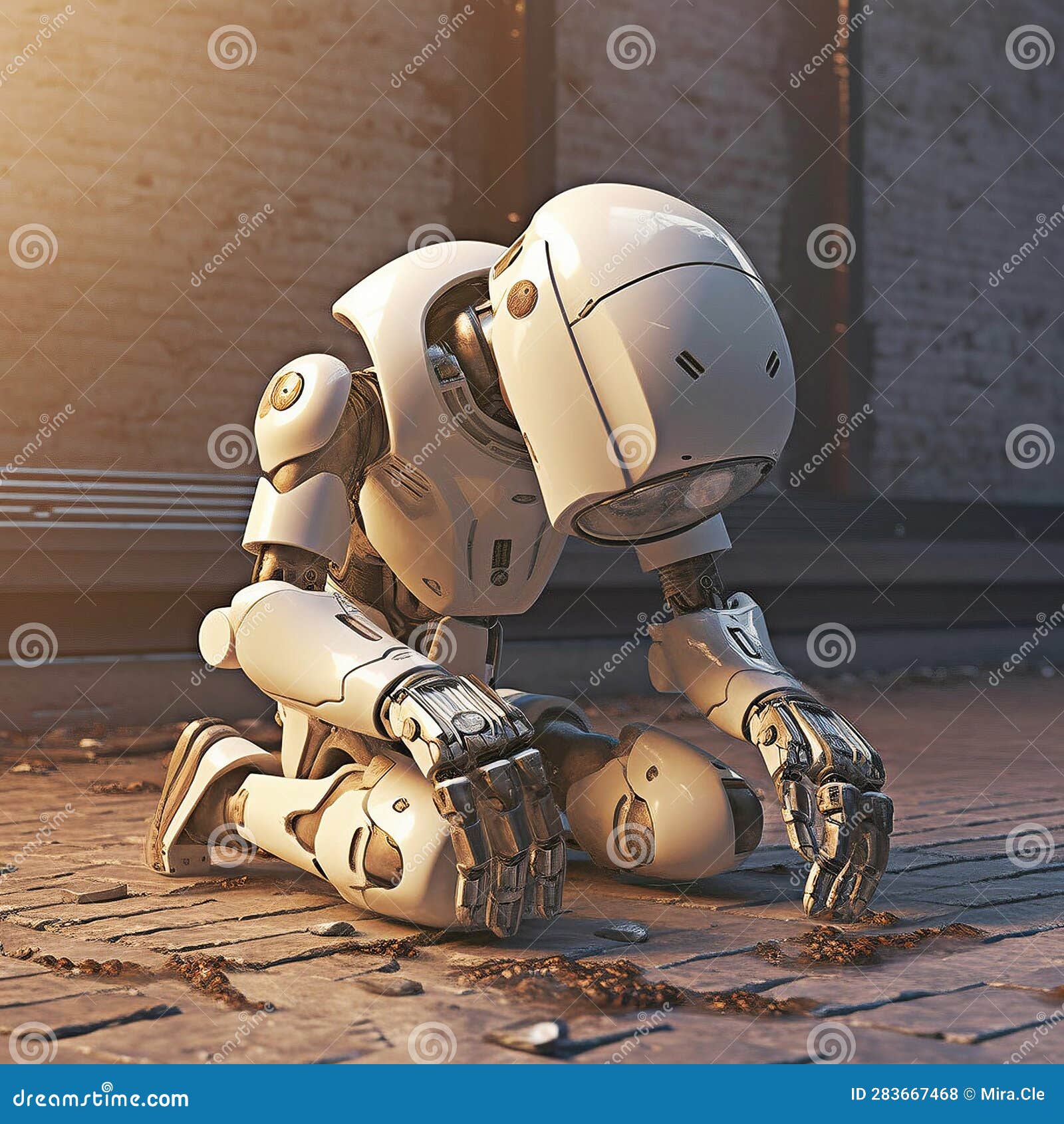 Robot Kneeling and Crying on the Floor, Created with Generative AI ...