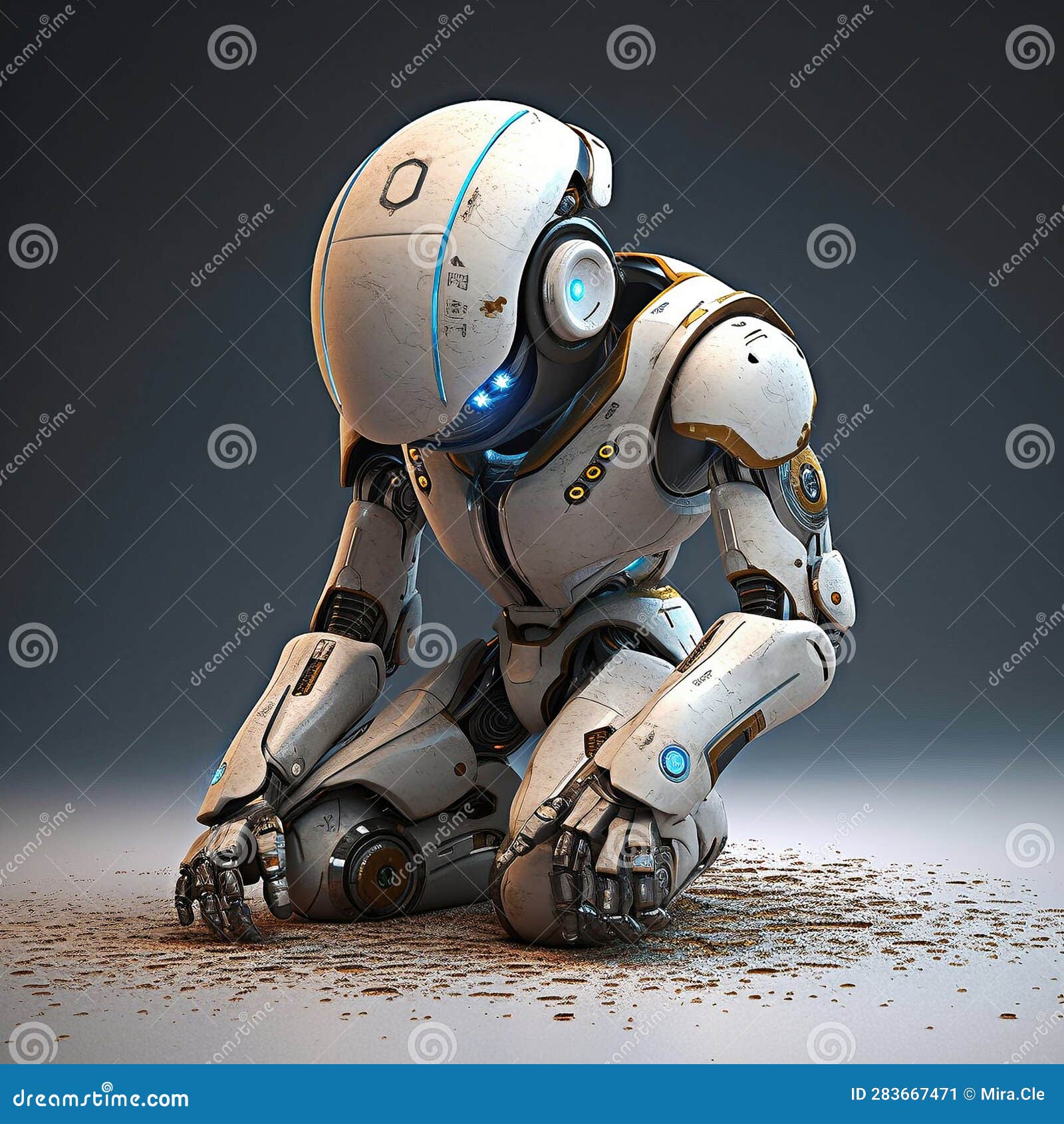 Robot Kneeling and Crying on the Floor, Created with Generative AI Stock Illustration ...