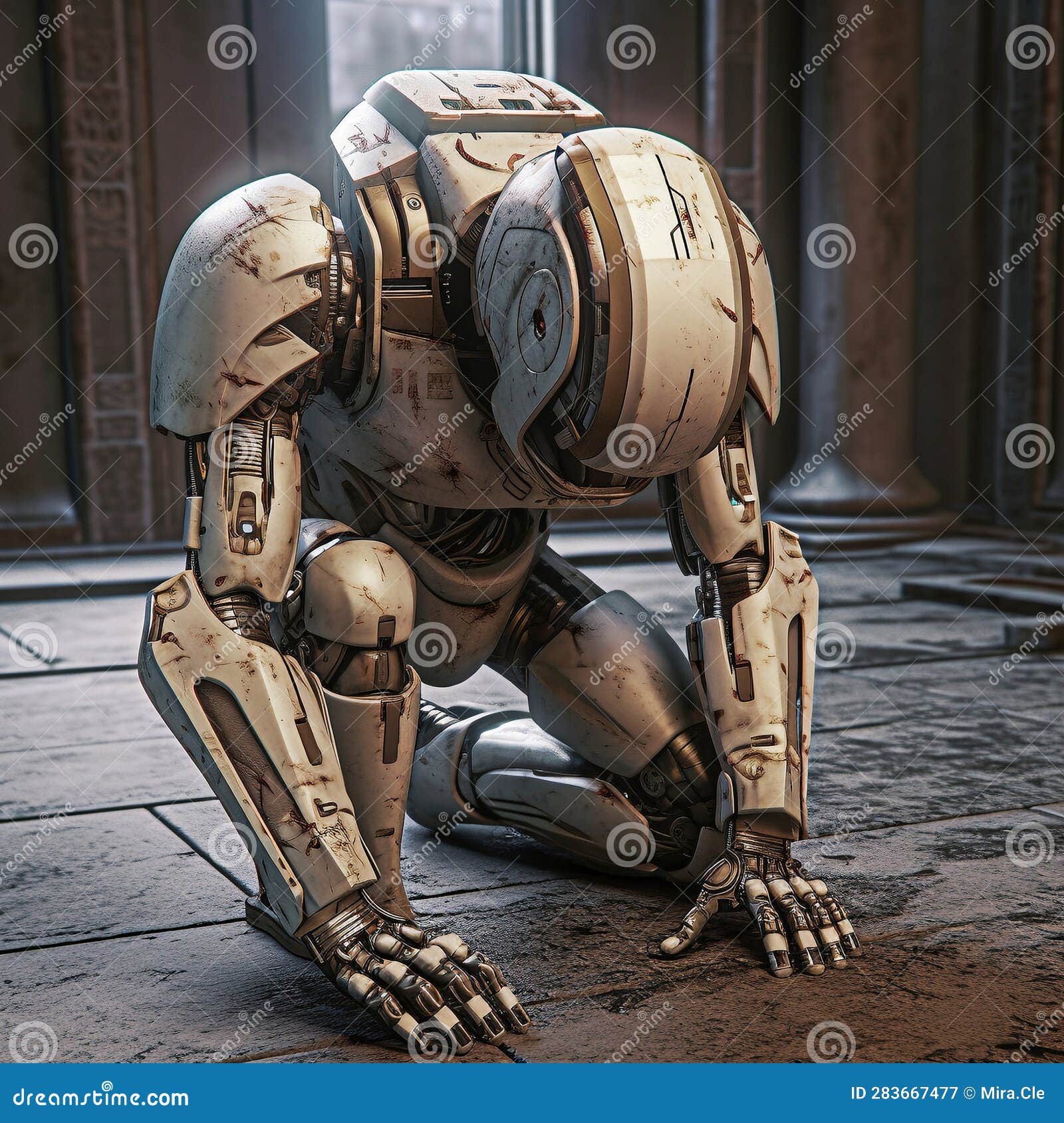 Robot Kneeling and Crying on the Floor, Created with Generative AI ...
