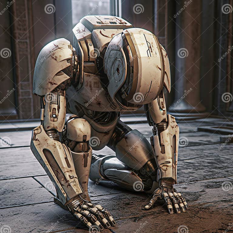 Robot Kneeling and Crying on the Floor, Created with Generative AI ...