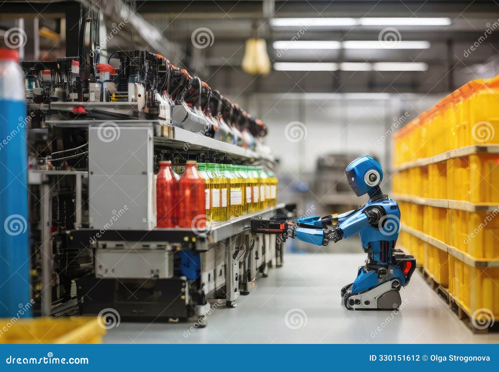 Robot Labels the Drink Bottles in a Warehouse Stock Photo - Image of ...