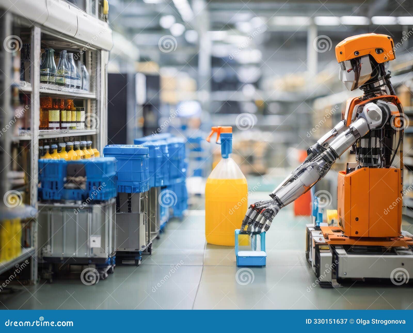 Robot Labels the Drink Bottles in a Warehouse Stock Image - Image of ...