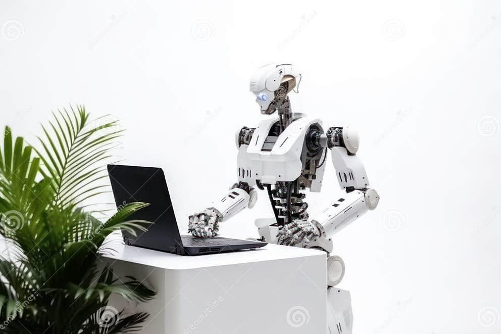 Robot with Laptop. New Technologies. Artificial Intelligence. GPT Chat ...