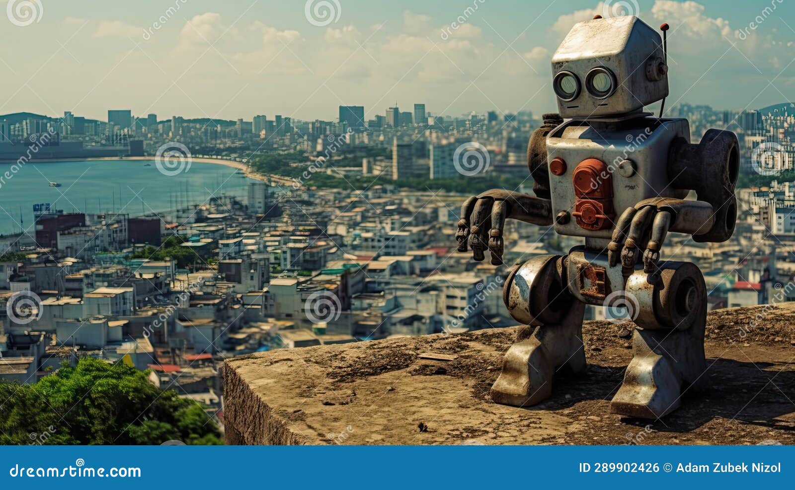 A Robot on a Ledge Overlooking a City Stock Illustration - Illustration ...