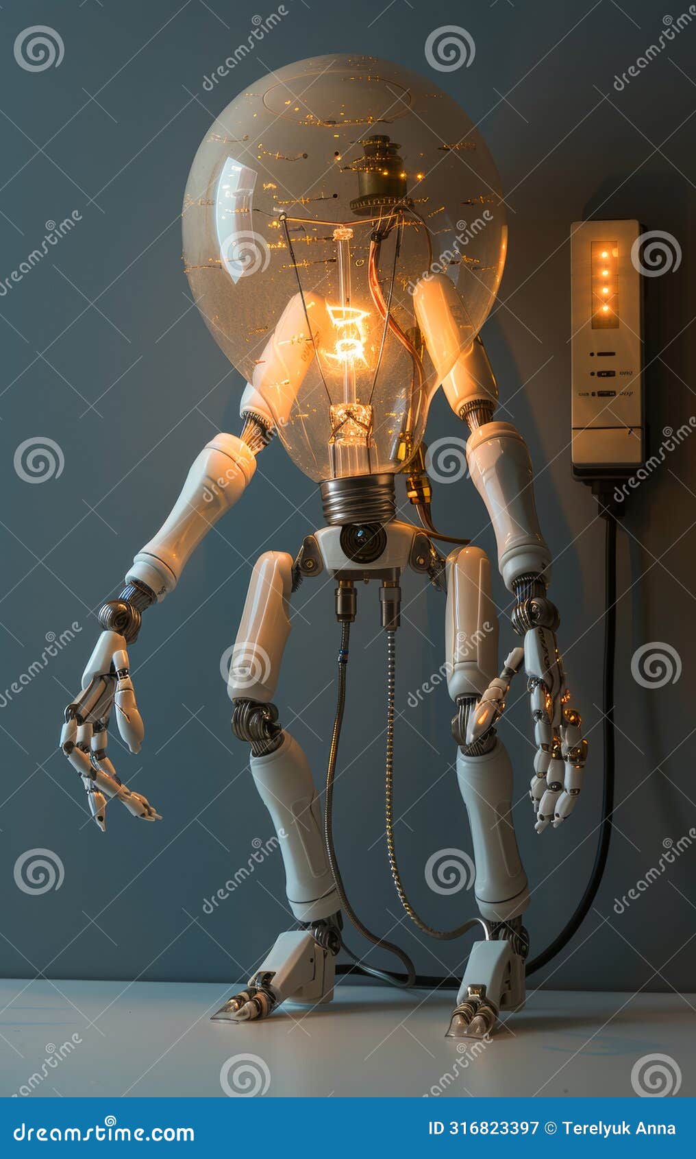 Robot with Light Bulb instead of Head. a Light Bulb with Arms and Legs ...