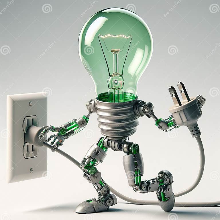 Robot with Light Bulb Plugging into Socket Stock Image - Image of power ...