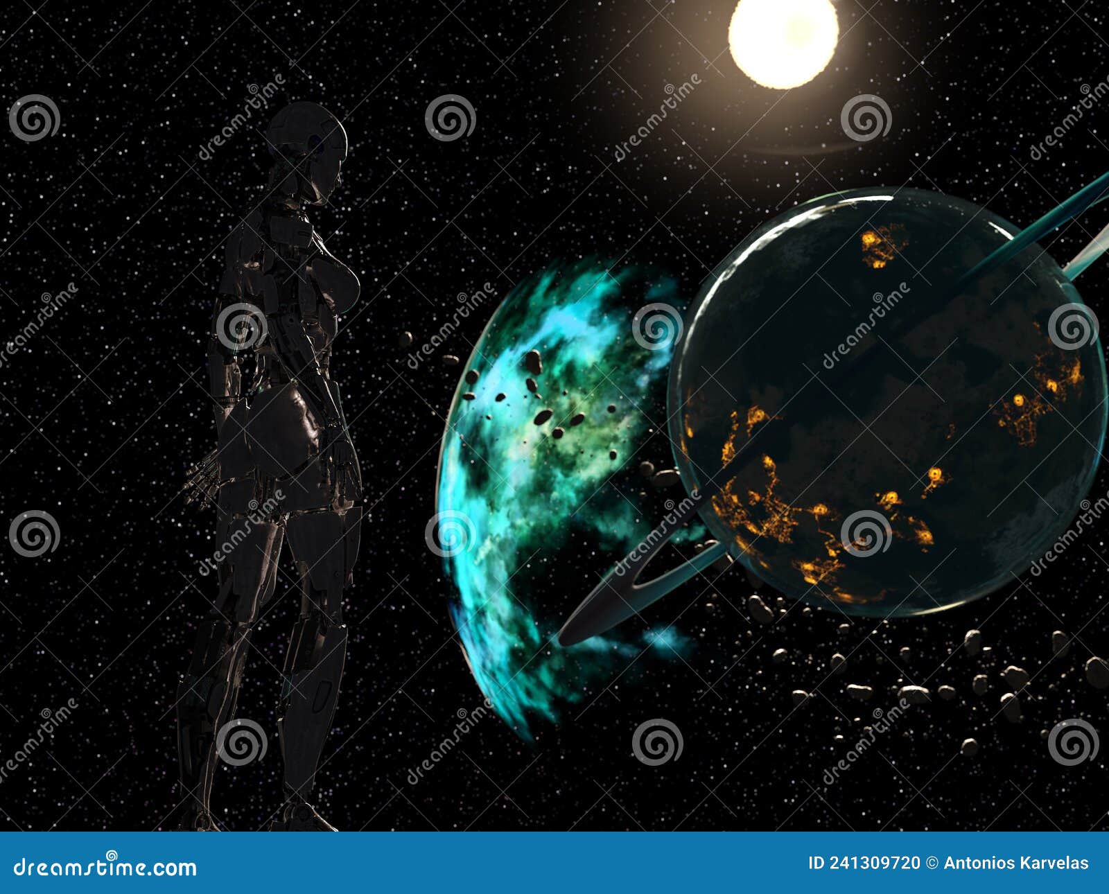 Robot Looking on an Alien Planet from Space. Future Technology Concept ...