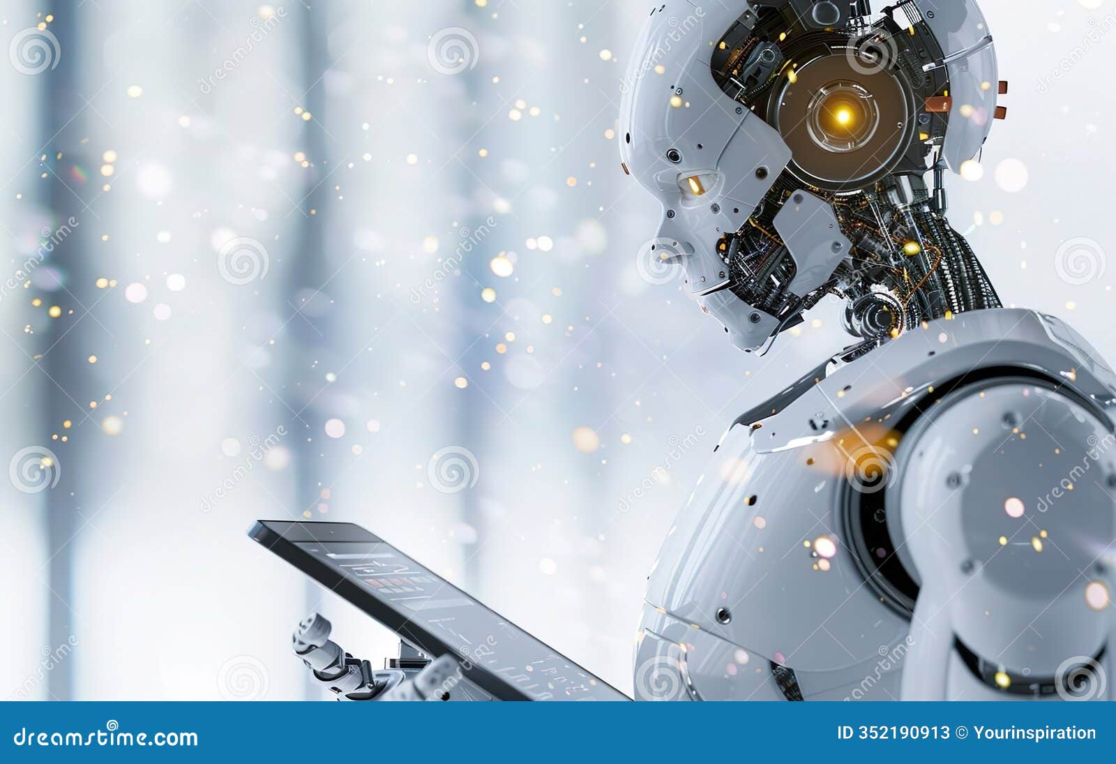 Robot Looking for Information on a Tablet. AI Centered World Concept ...