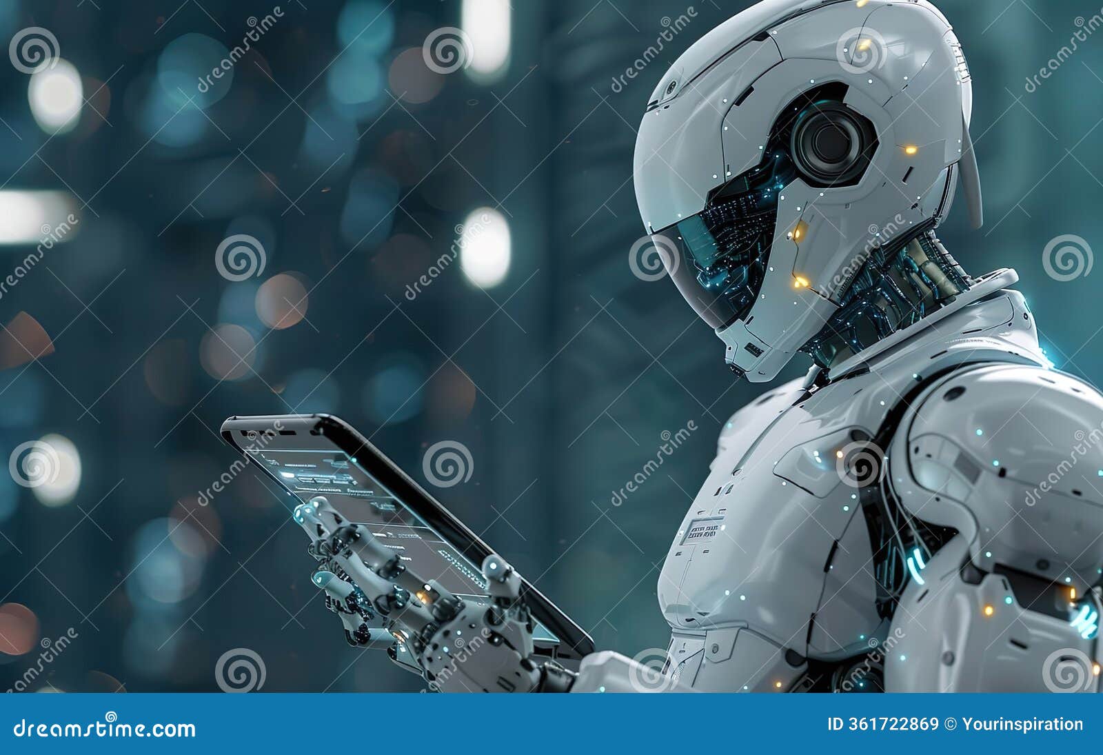 Robot Looking for Information on a Tablet. AI Centered World Concept ...