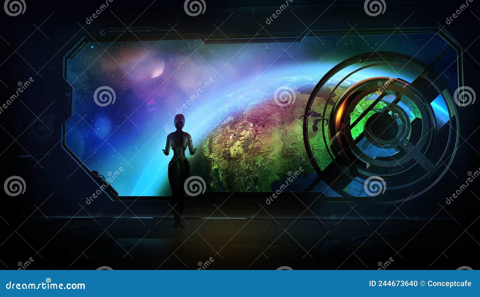 The Robot Looks at the Earth from Orbit, 3D Render. Stock Illustration ...