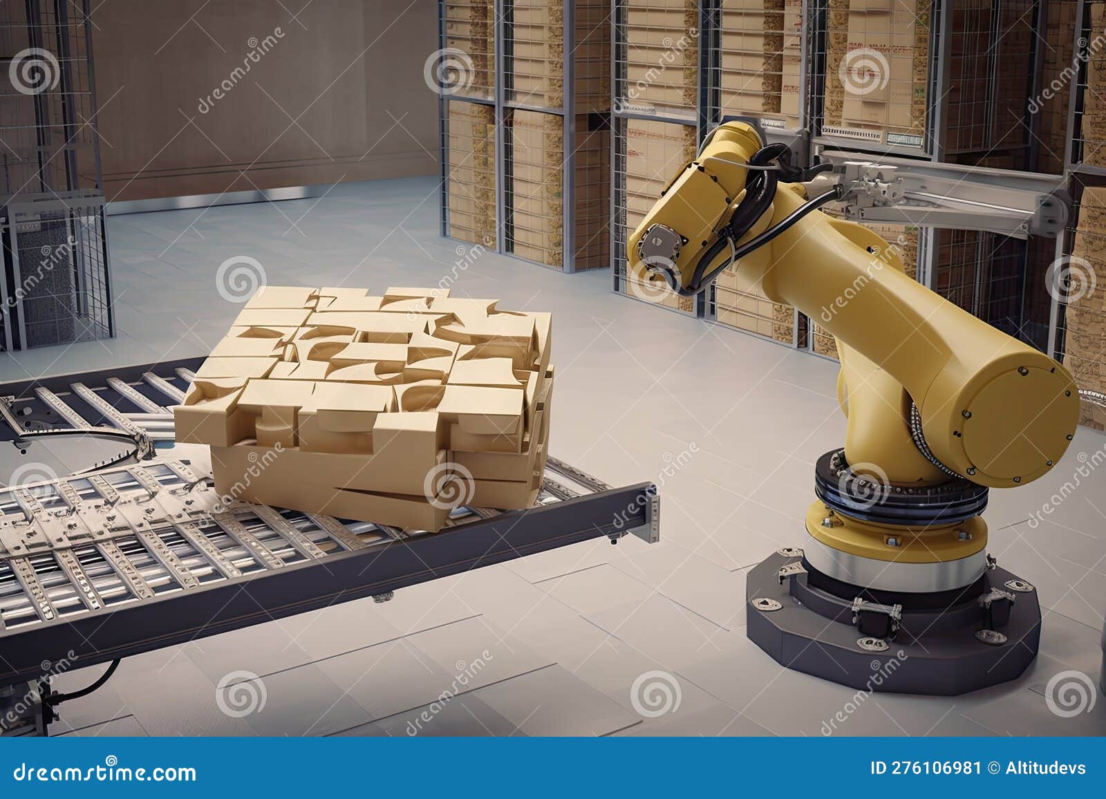 Robot, Lowering Pallet with Load of Products Onto Conveyor Belt Stock ...