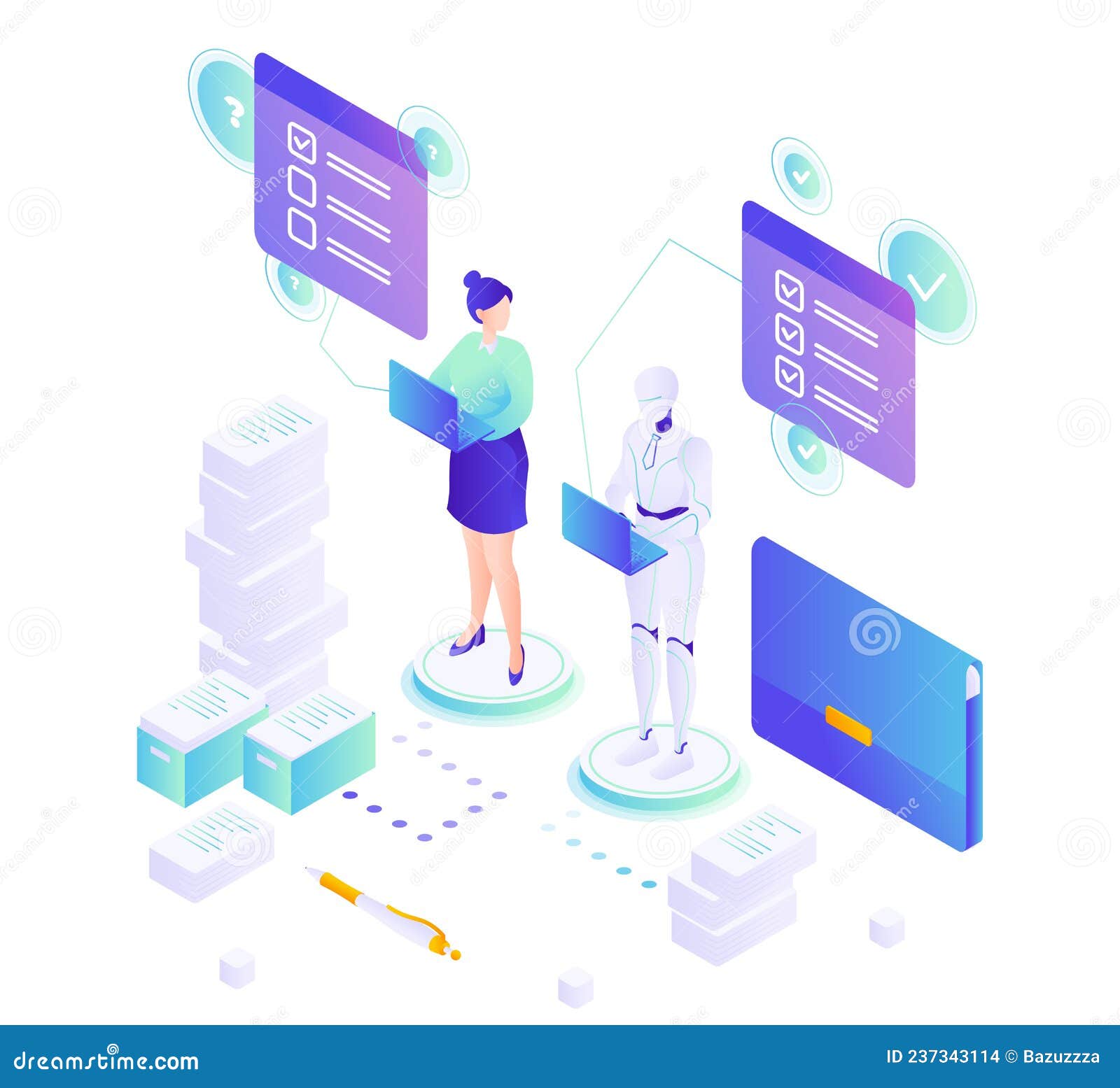 Robot Machine Doing Work Quickly Than Human, Vector Isometric ...