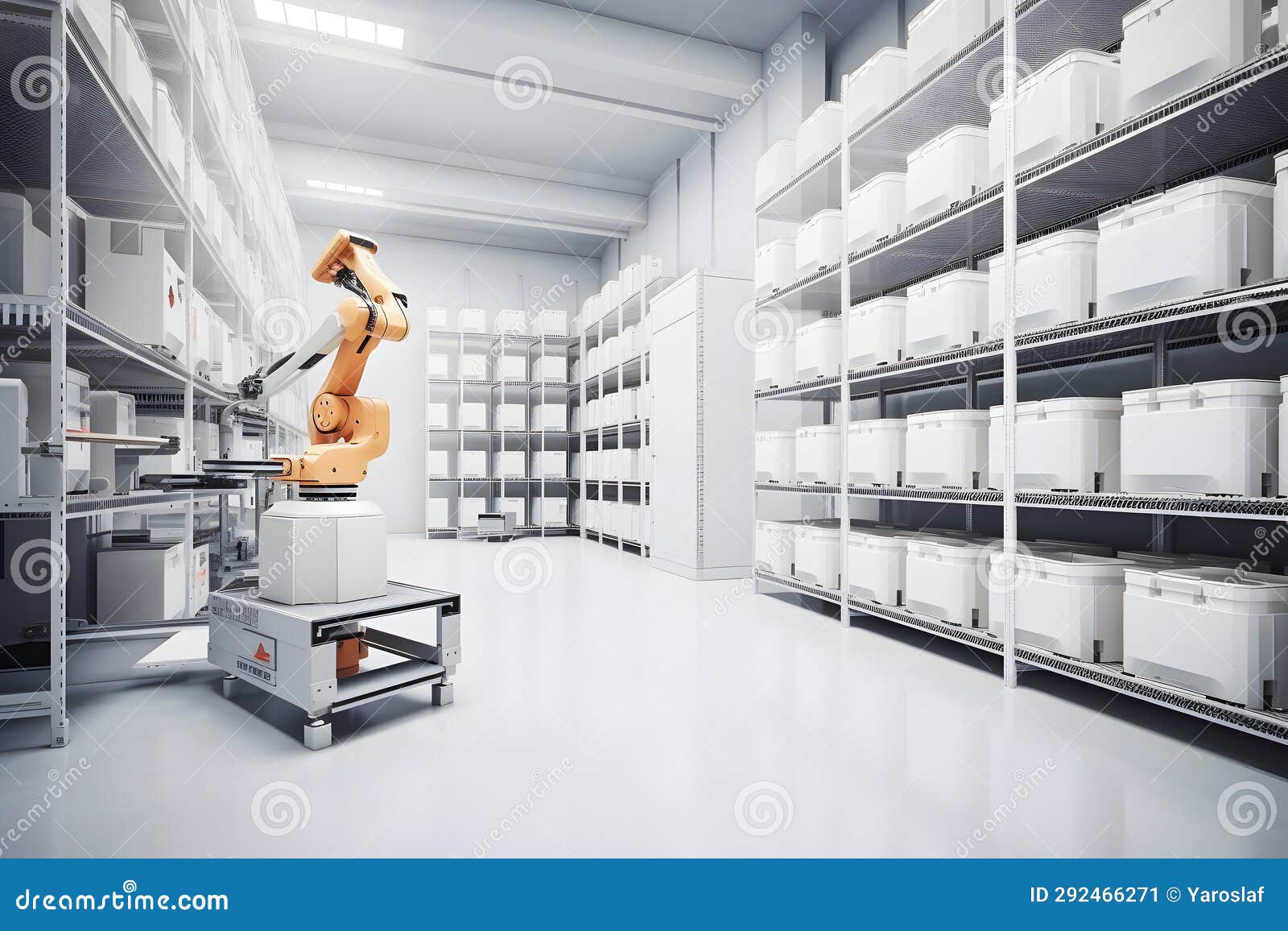 Robot Machine Efficiently Working in Store Warehouse with White Shelves ...