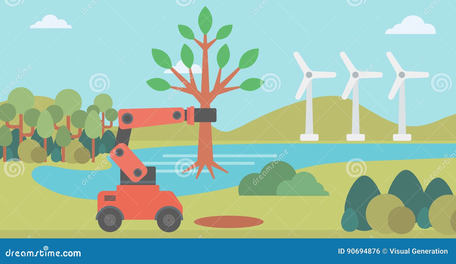 Robot Machine Plants a Big Tree. Stock Vector - Illustration of cartoon ...