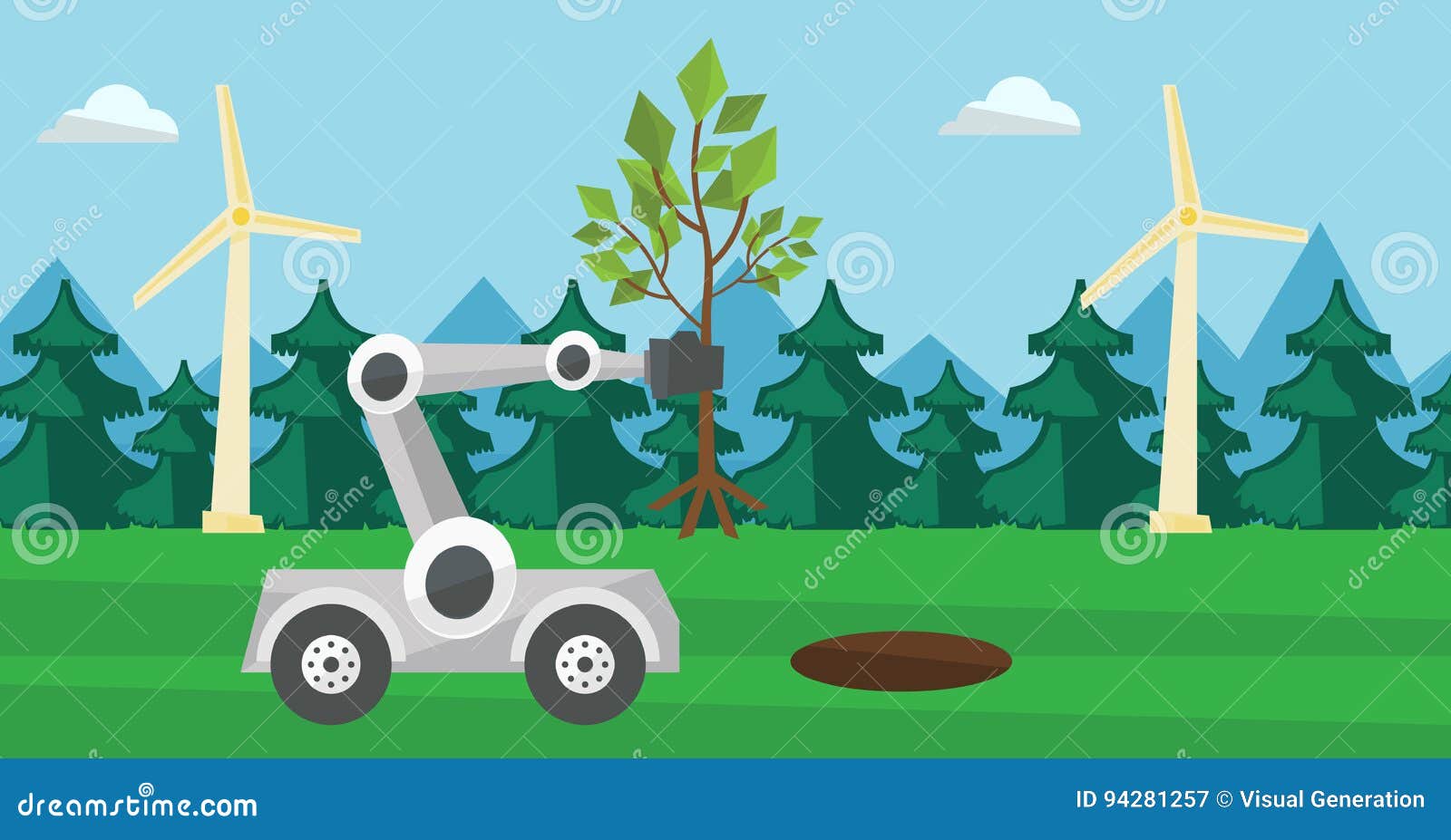 Robot Machine Plants a Big Tree. Stock Vector - Illustration of ...