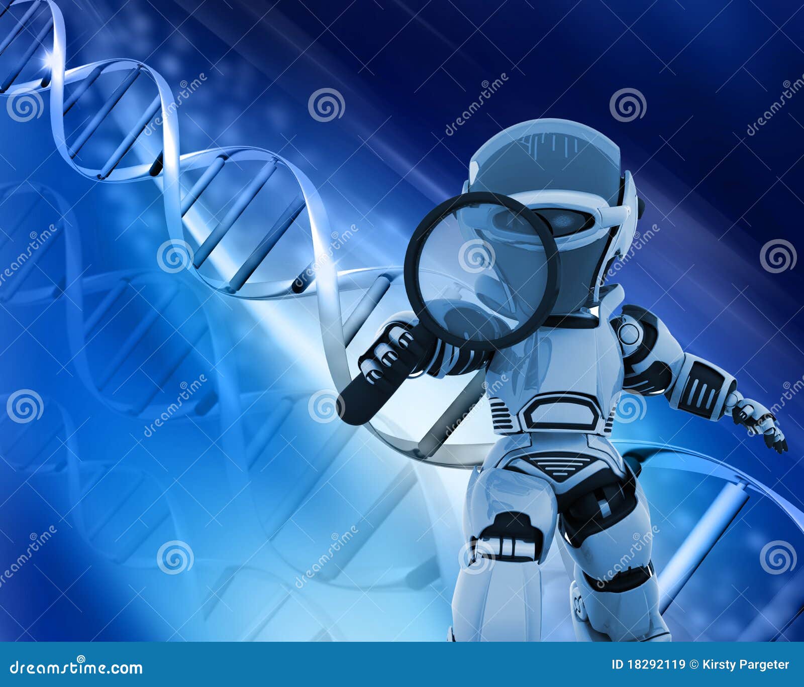 Robot with Magnifying Glass on DNA Background Stock Illustration ...