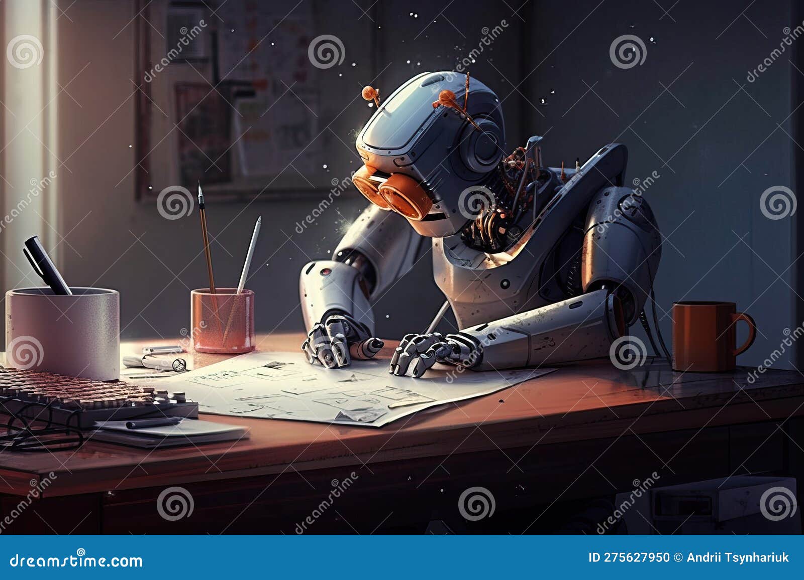 A Robot Man with Artificial Intelligence Reads Books and Writes in a ...