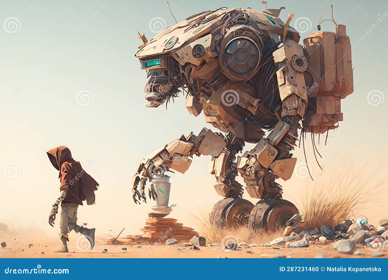 Robot and a Man at a Garbage Dump. Post-apocalyptic World of the Future ...