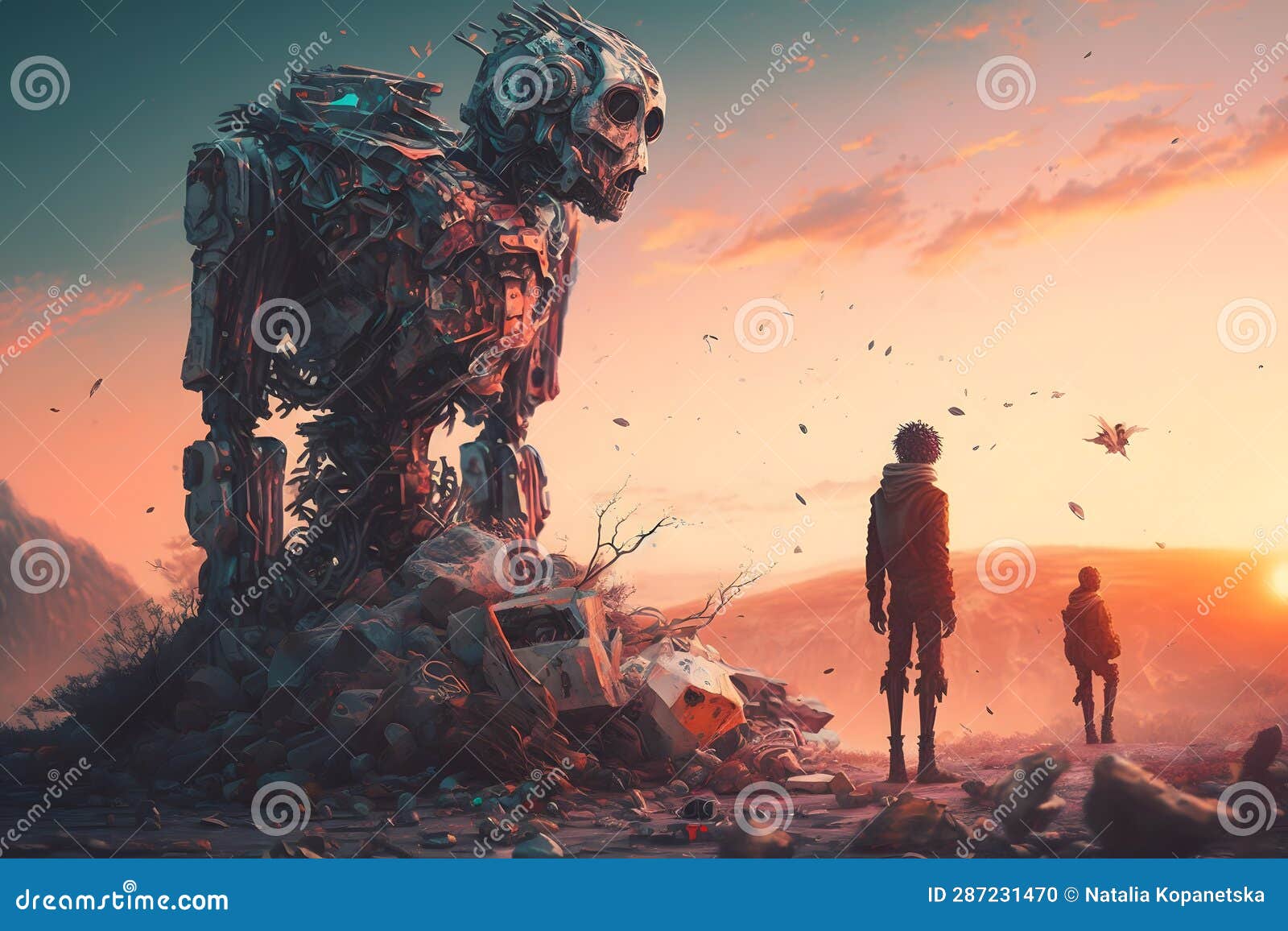 Robot and a Man at a Garbage Dump. Post-apocalyptic World of the Future ...