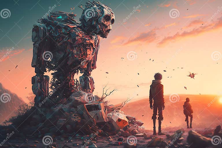 Robot and a Man at a Garbage Dump. Post-apocalyptic World of the Future ...