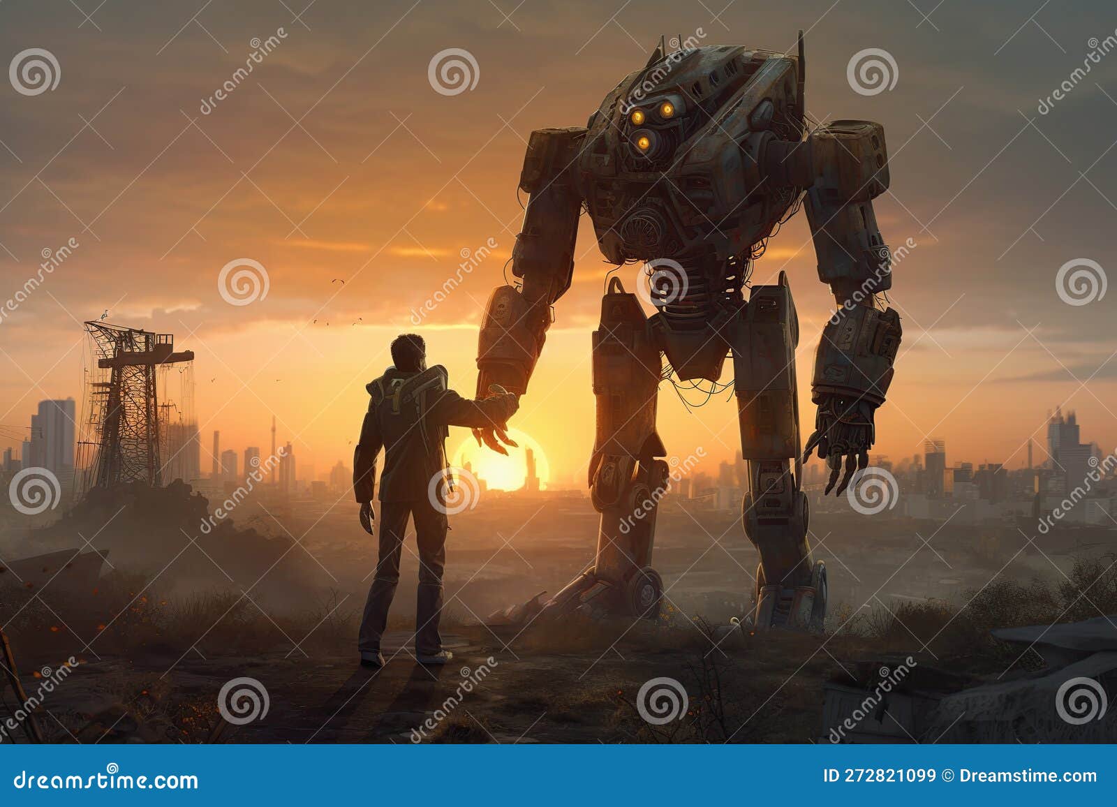 Robot and Man on the Ruins of the Destroyed City Made with Generative ...