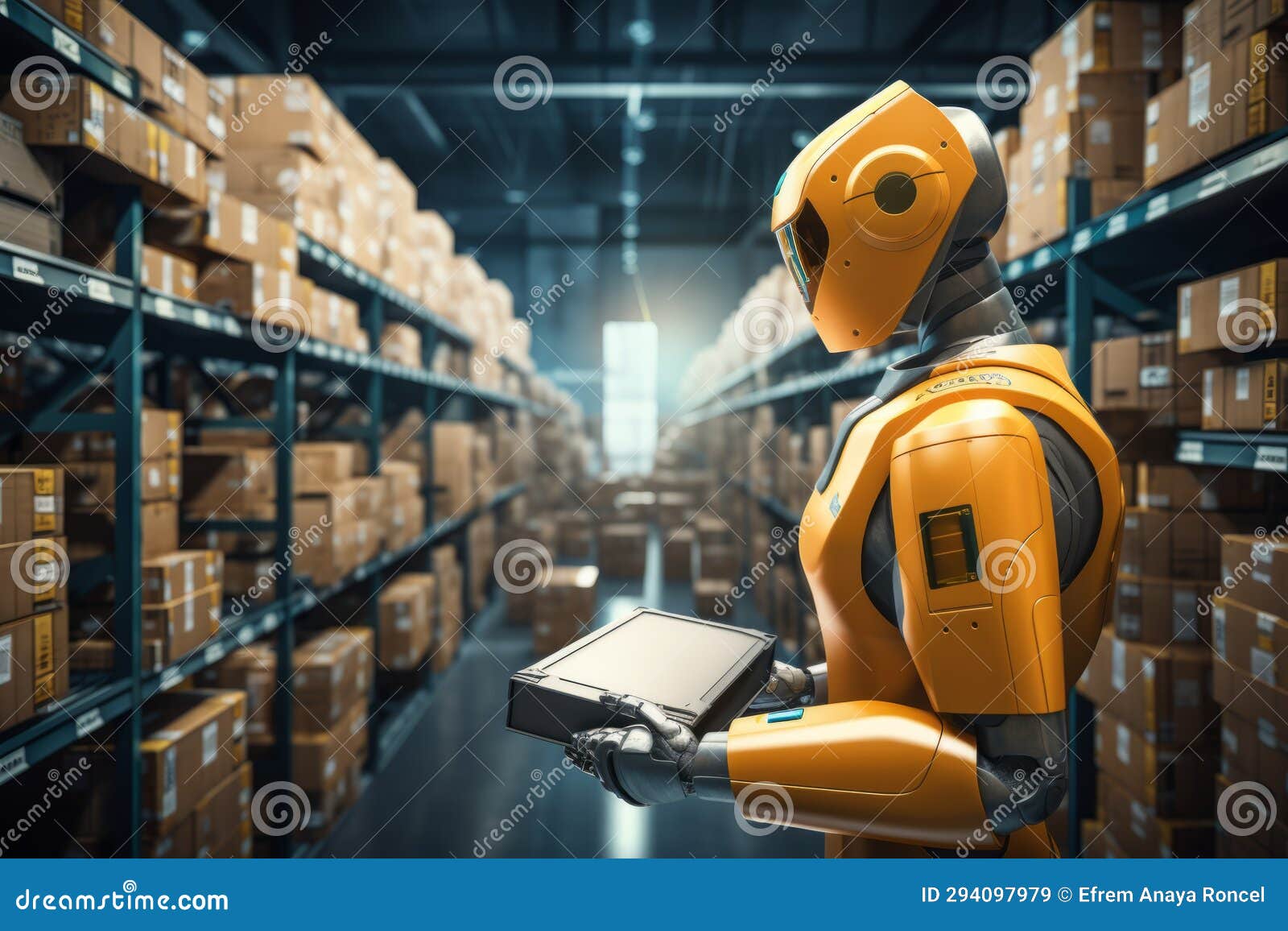 A Robot Managing Orders in a Logistics Warehouse Stock Illustration ...