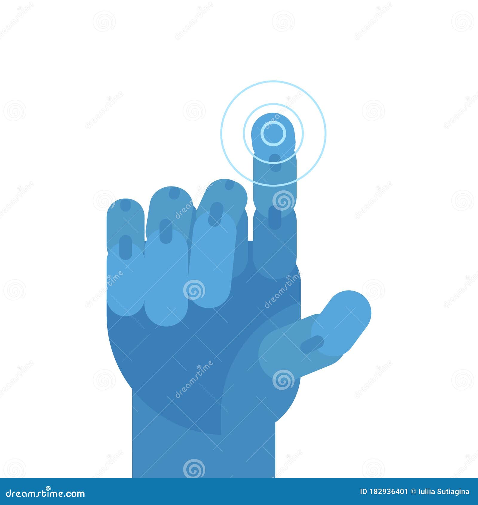 Robot And Mechanical Hand. Robotic Arm Presses The Index Finger On The ...