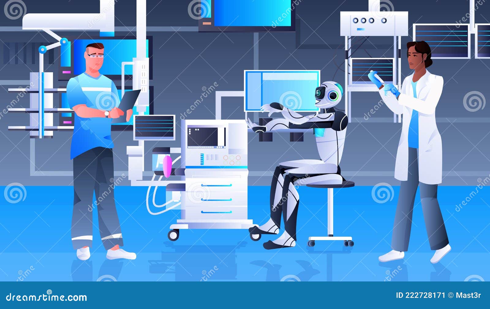 Robot with Mix Race Scientists Making Experiments in Lab Artificial ...