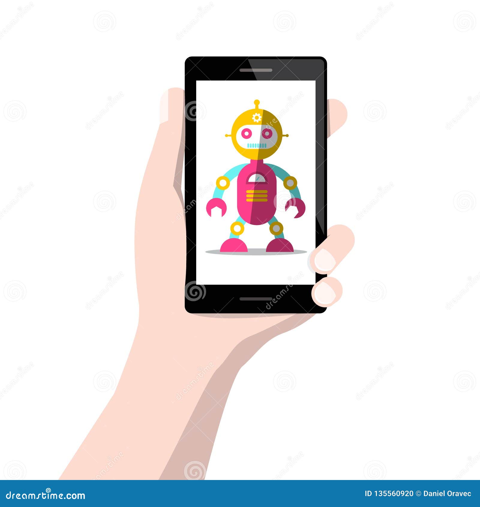 Robot on Mobile Phone Screen in Human Hand Stock Vector - Illustration ...