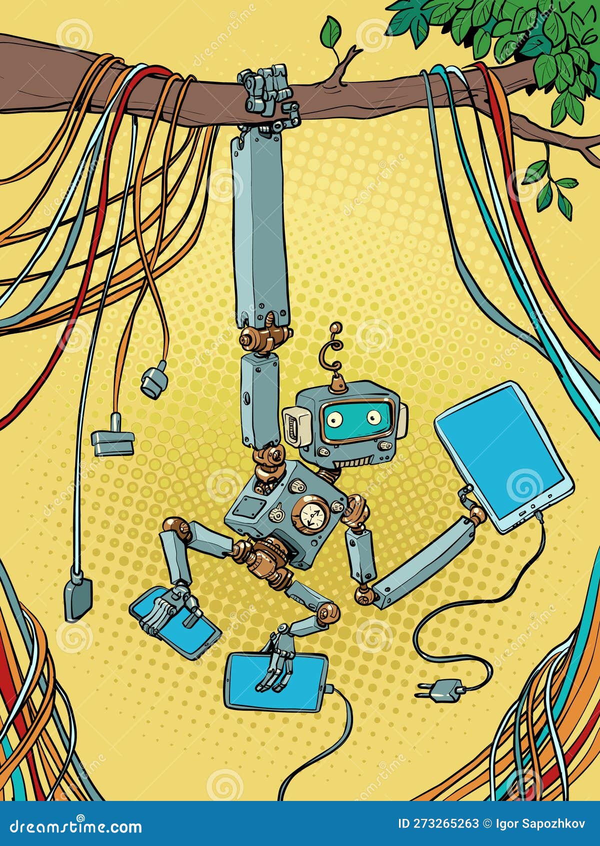 A Robot Monkey Hangs on a Tree Branch while it is Surrounded by a Lot ...