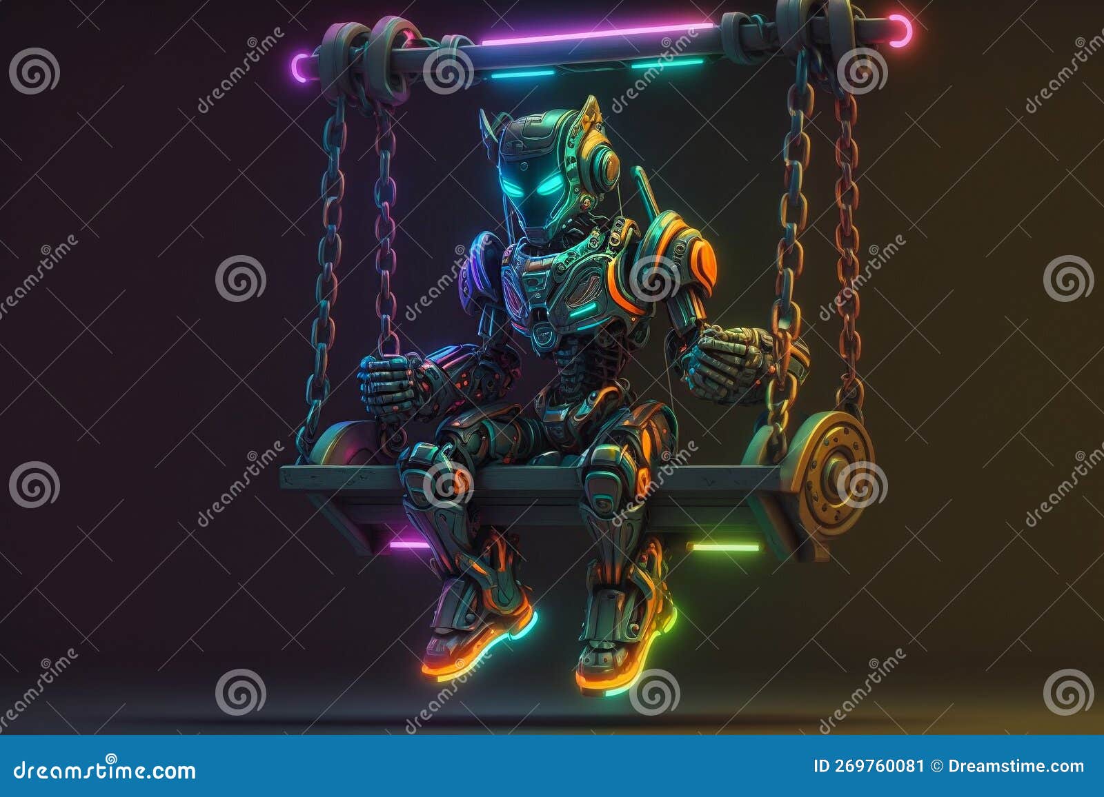Robot in Neon Lights on a Swing Rest Illustration Generative AI Stock ...