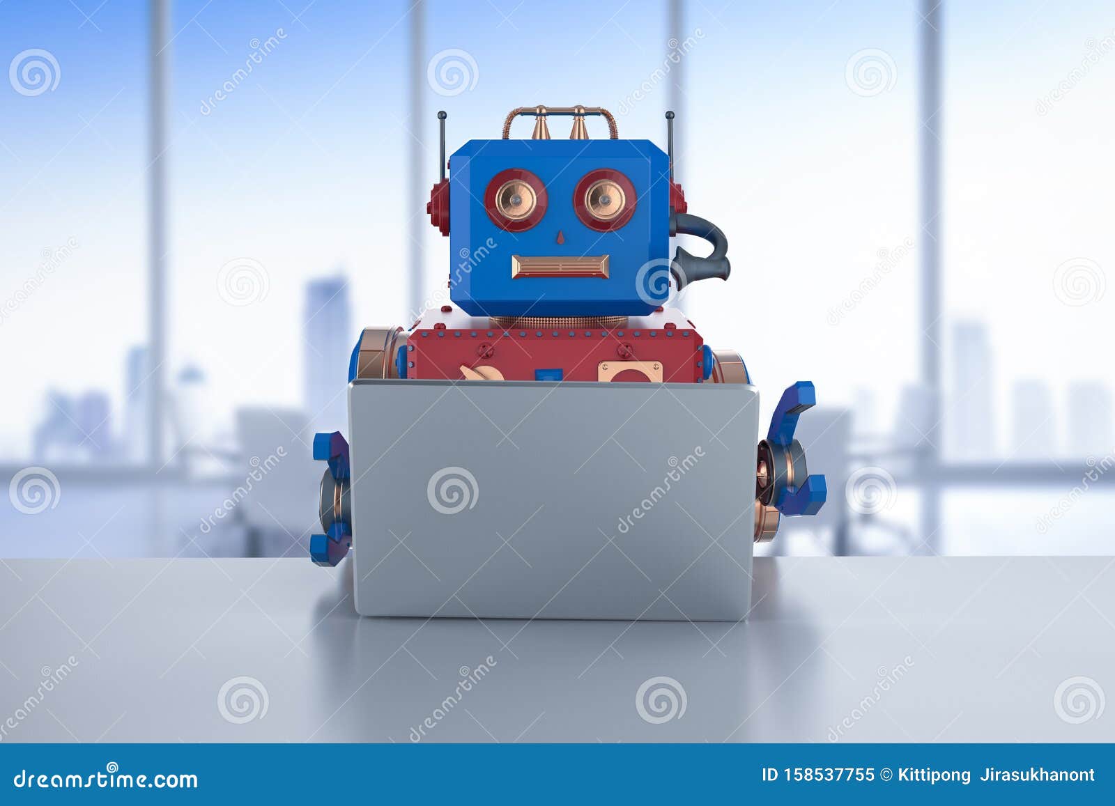 Robot with Notebook Computer Stock Illustration - Illustration of ...