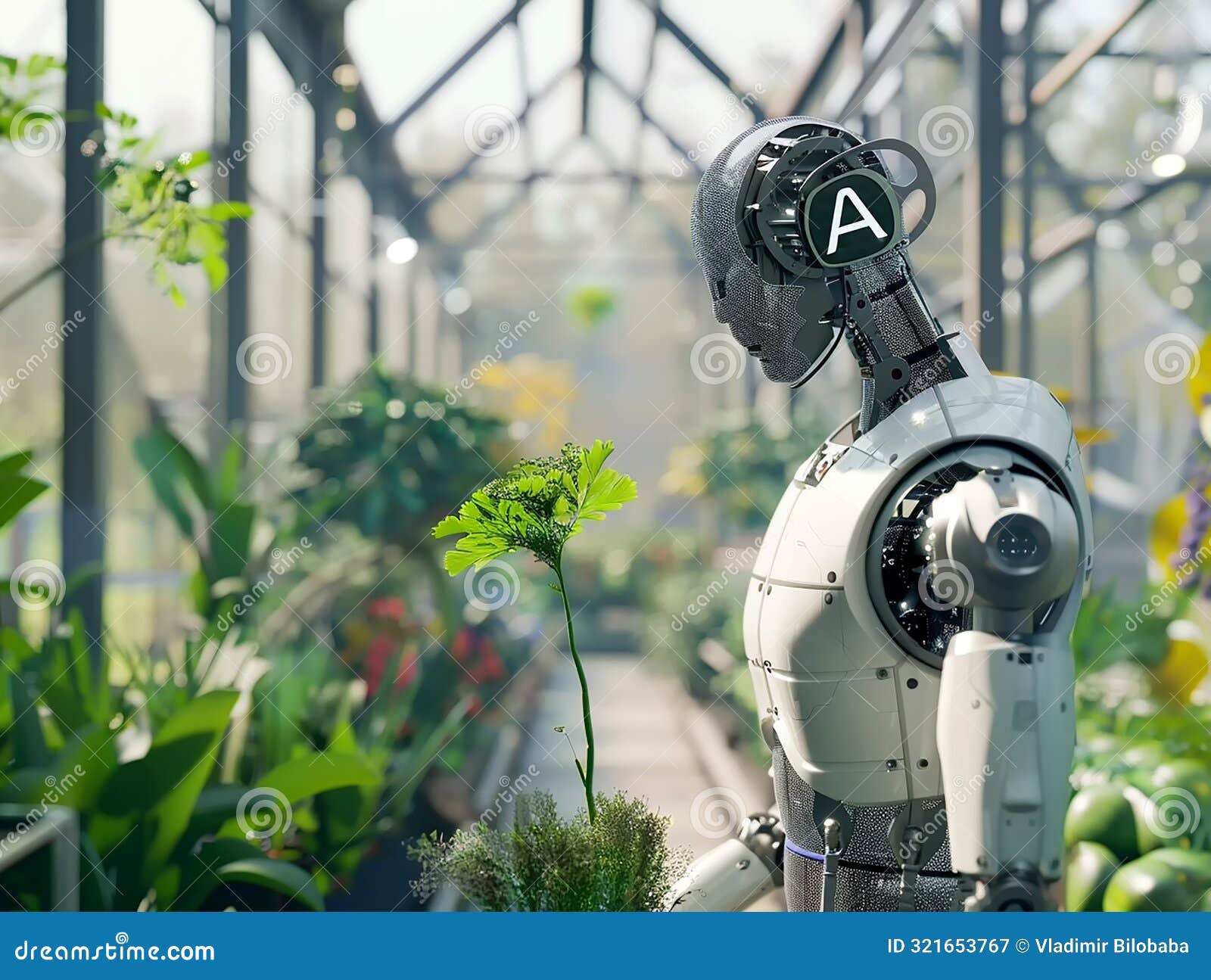 Robot Observing Plants in a Greenhouse Stock Illustration ...