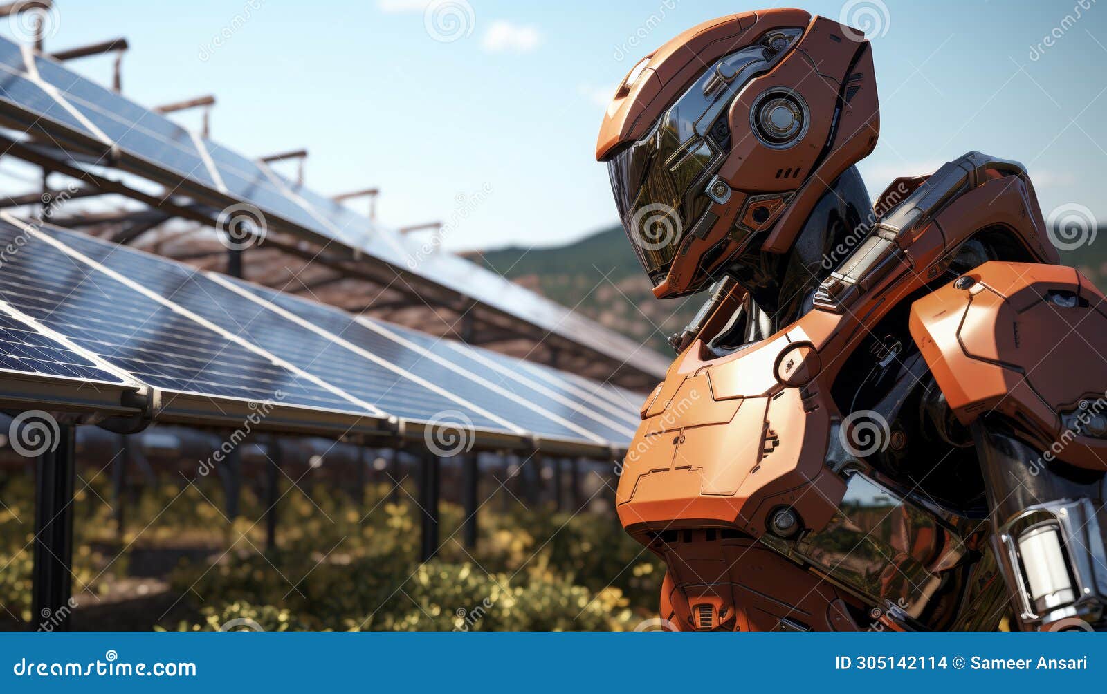 Robot Observing a Solar Panel Exploring Sustainable Energy Sources in a ...
