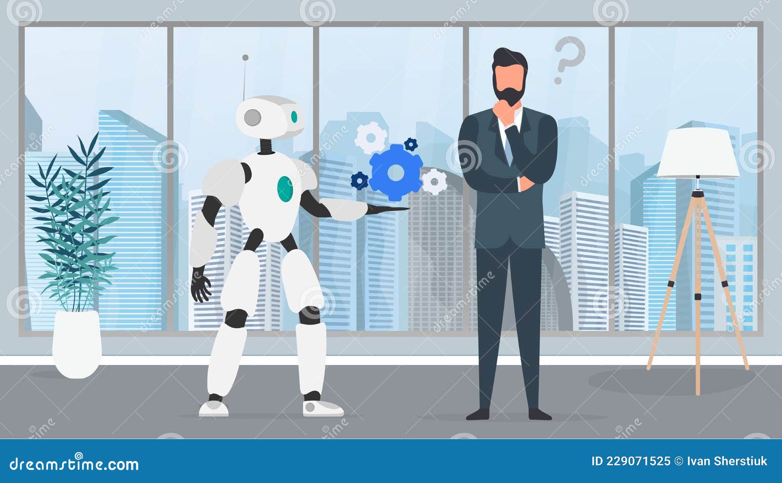 The Robot Offers a Solution. Businessman with a Question. People and ...