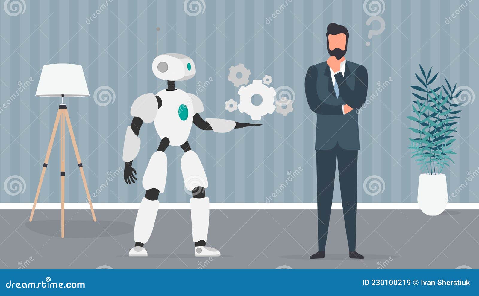 The Robot Offers a Solution. Businessman with a Question. People and ...