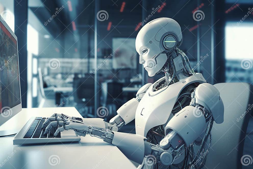 Robot in Office Using Laptop and Sits at Table. Humanoid Robot Working ...
