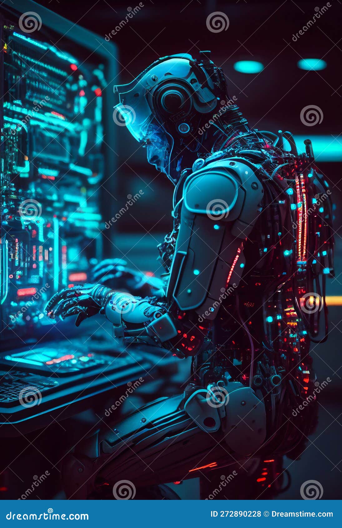 Robot Office Worker Browsing the Internet on His Computer in His ...