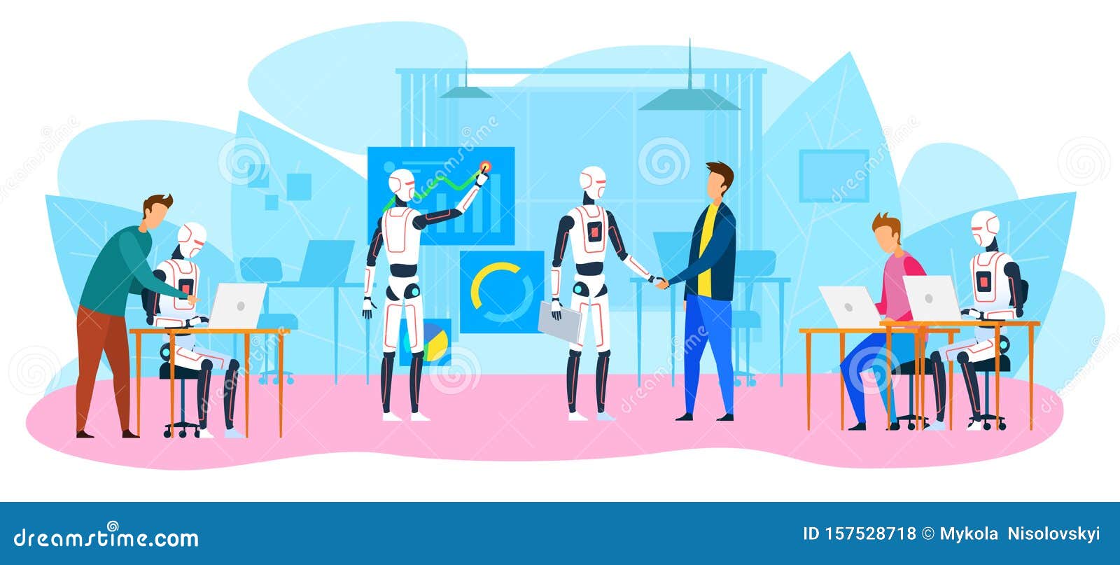 Robot Office Workers People Humanoids Handshake. Vector Illustration ...