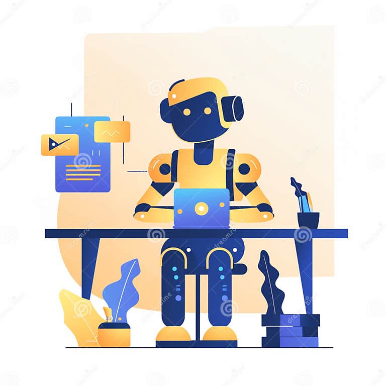 Robot at Office, Working at the Computer. Robot Office Worker, Robotics ...