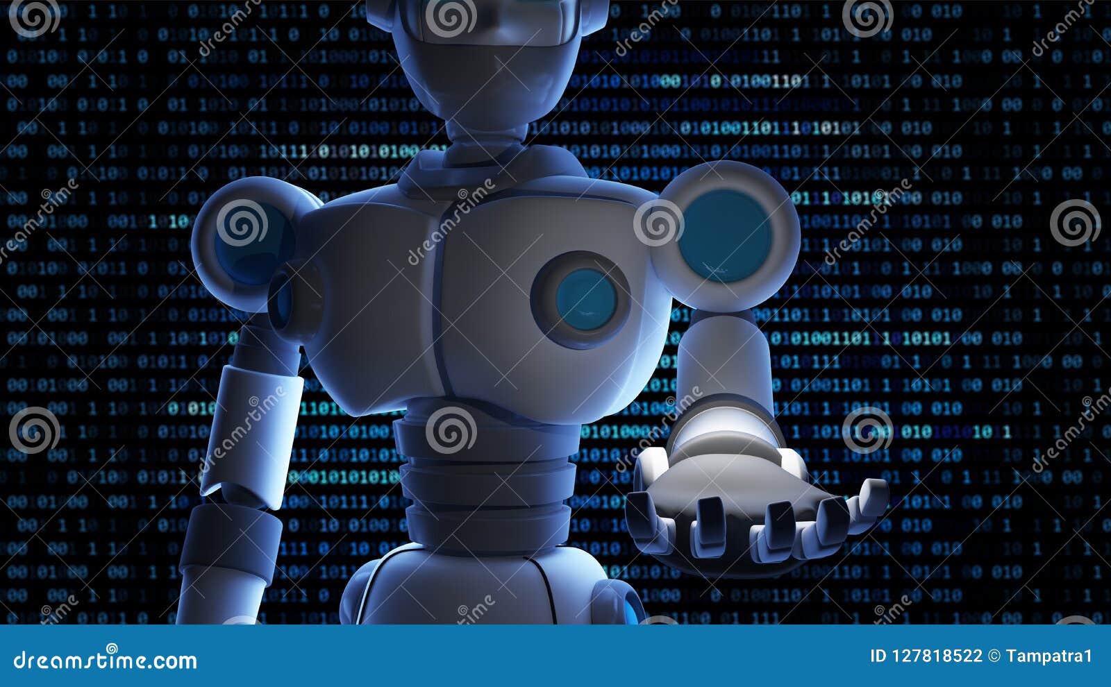 Robot Open His Hand with Empty Space and Binary Data Number Back Stock ...